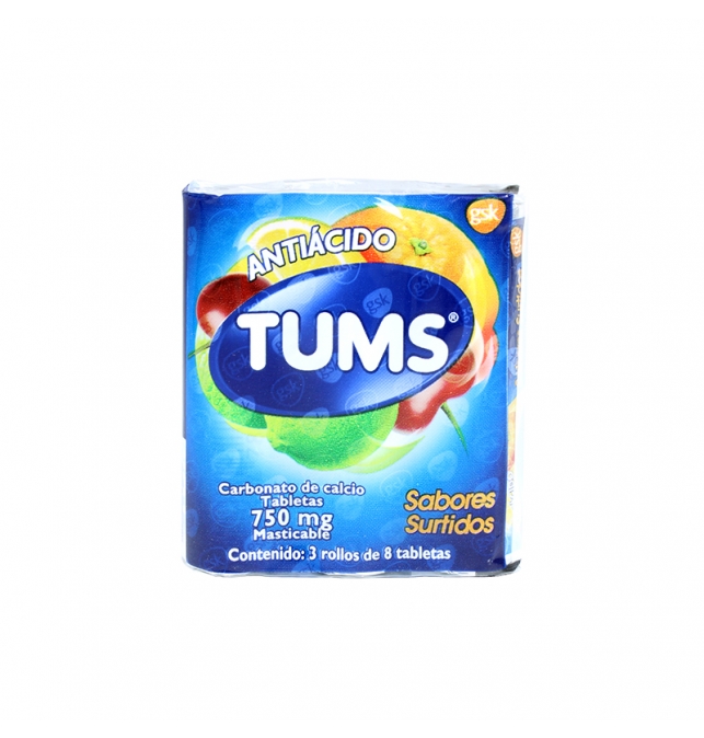 TUMS 750 MG CON 3 ROLLOS DE 8 TABLETAS MASTICABLES SABORES SURTIDOS